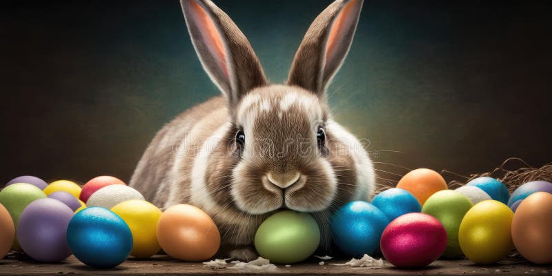 Happy Bunny Rabbit with Easter Eggs. Colorful Easter Holiday ...