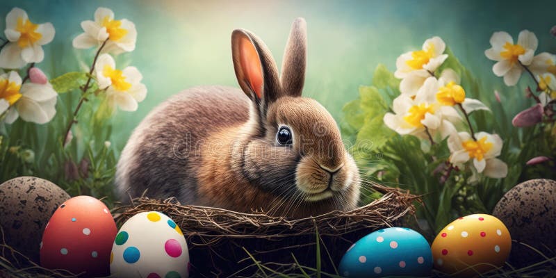 Happy Bunny Rabbit with Easter Eggs. Colorful Easter Holiday ...