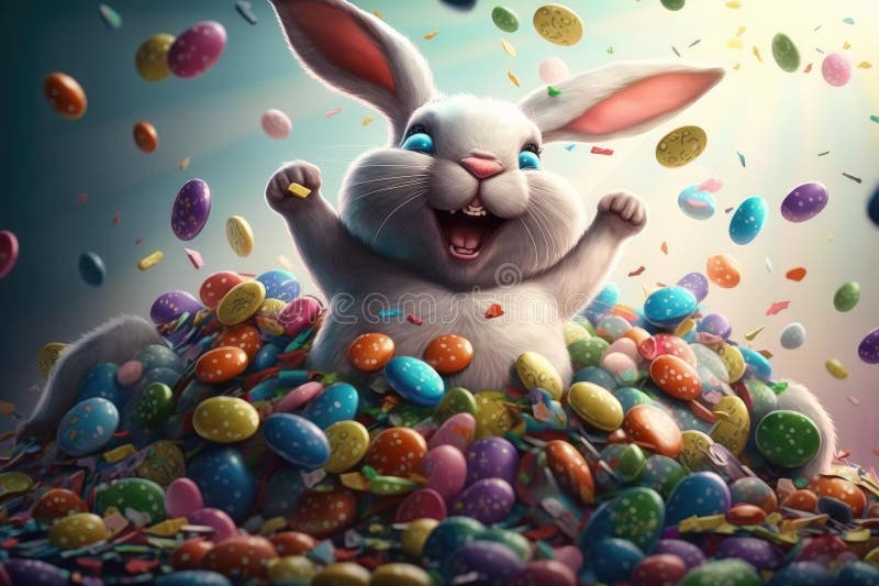 Happy Bunny Rabbit with Easter Eggs. Colorful Easter Holiday ...