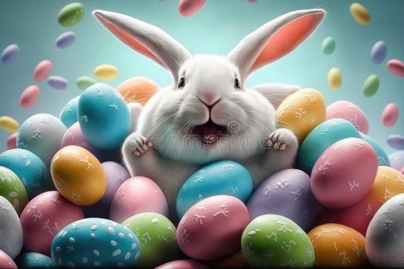 Happy Bunny Rabbit with Easter Eggs. Colorful Easter Holiday ...