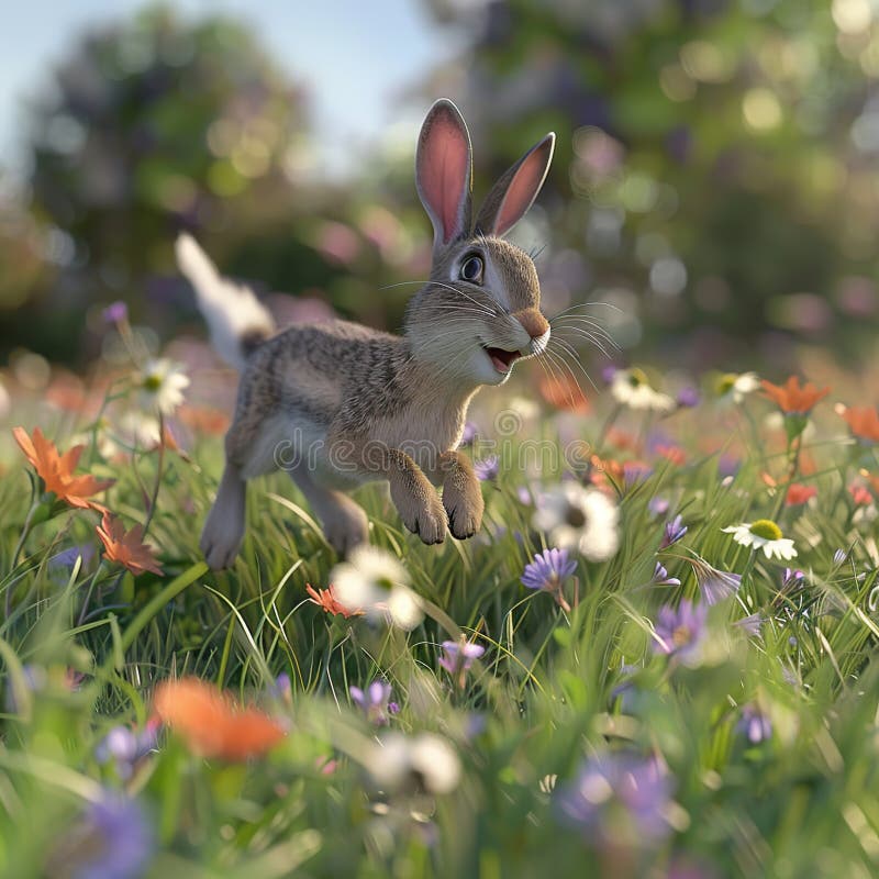 Happy Bunny Rabbit Hopping in a Spring Meadow Filled with Wildflowers ...