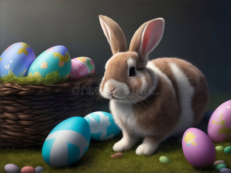 Happy Bunny Rabbits with Easter Eggs, Generative AI Illustration Stock ...