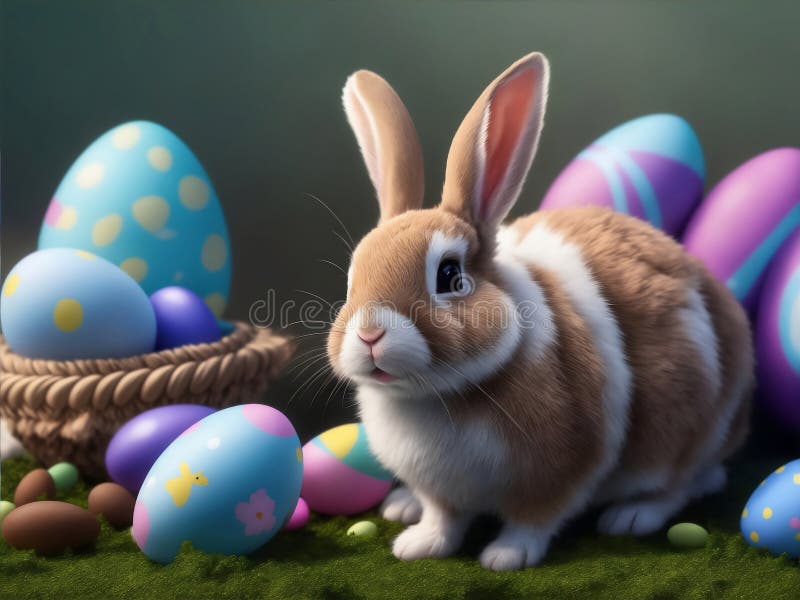 Happy Bunny Rabbits with Easter Eggs, Generative AI Illustration Stock ...