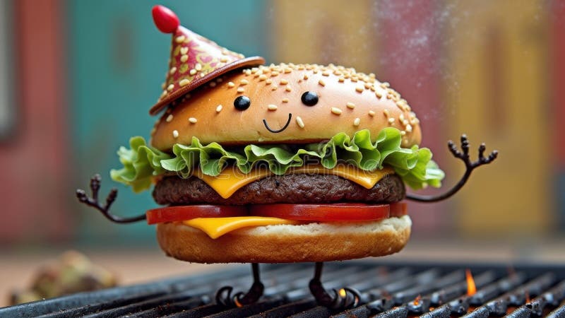 Happy Burger Mascot with Party Hat on Grill with Cheese and Lettuce ...