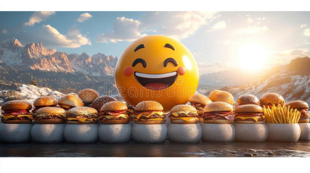 Happy Burger Mountain stock illustration. Illustration of emoji - 365054161