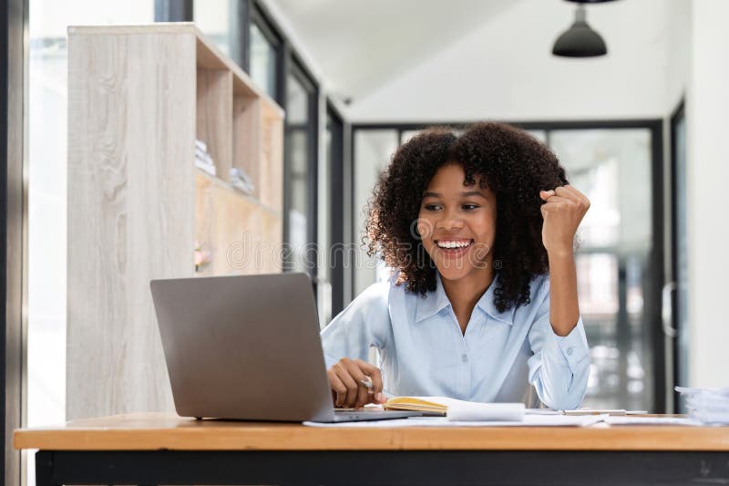 Happy Business Black Woman Celebrating Success Achievement Positive