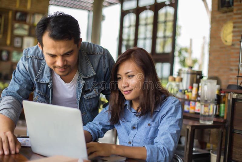 Happy Business Couple is Working Together Stock Image - Image of cafe ...