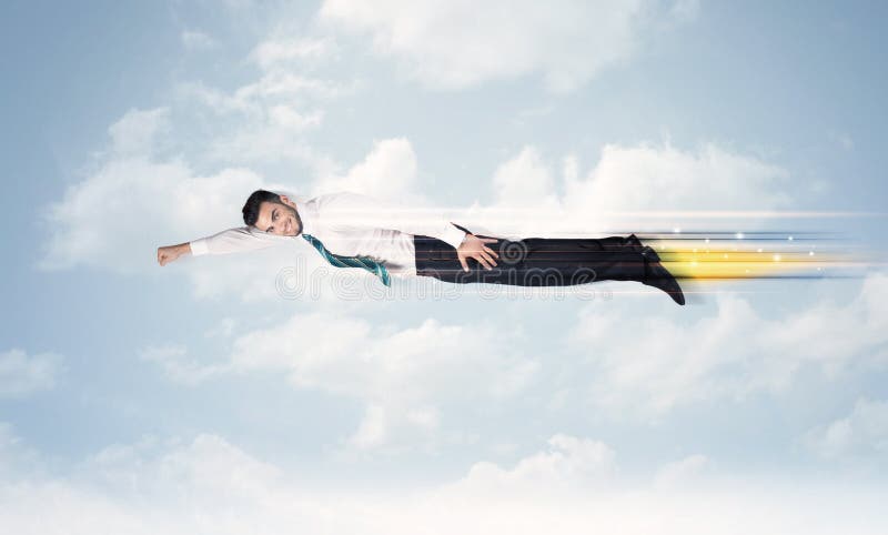 Happy Business Man Flying Fast on the Sky between Clouds Stock Photo ...