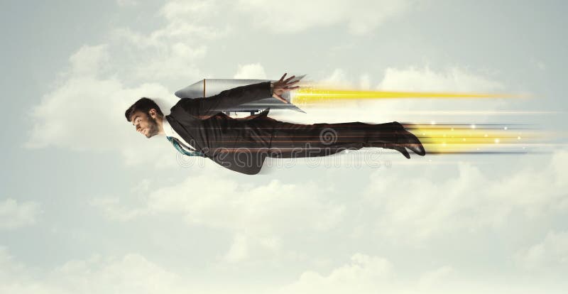 Superhero Business Man Flying With Jet Pack Rocket Above The Cit Stock ...