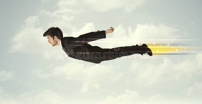 Happy Business Man Flying Fast on the Sky between Clouds Stock Photo ...