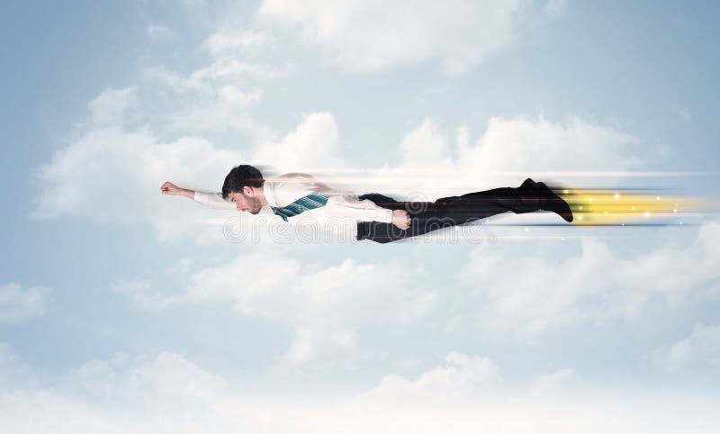 Happy Business Man Flying Fast on the Sky between Clouds Stock Photo ...