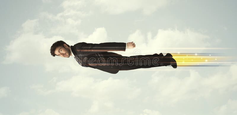 Happy Business Man Flying Fast on the Sky between Clouds Stock Image ...