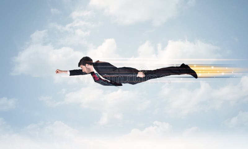 Happy Business Man Flying Fast on the Sky between Clouds Stock Photo ...