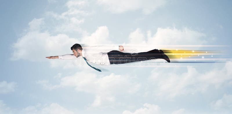 Happy Business Man Flying Fast on the Sky between Clouds Stock Image ...