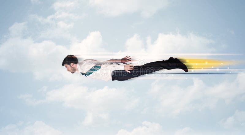 Happy Business Man Flying Fast on the Sky between Clouds Stock Image ...