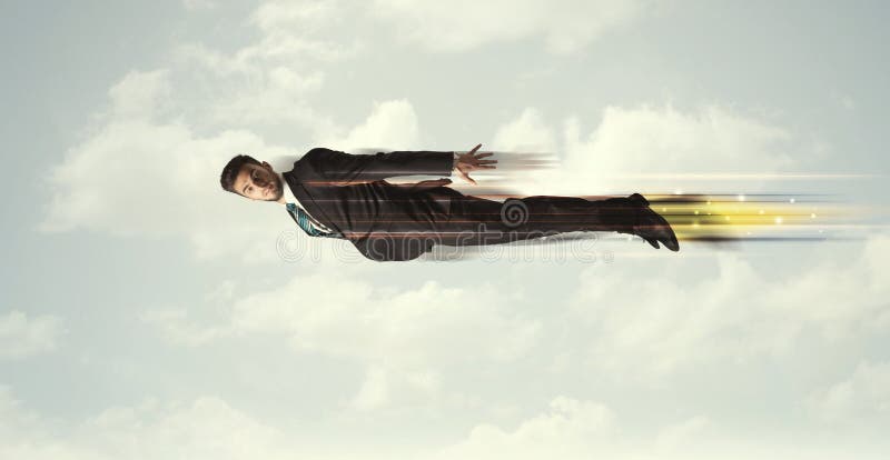 Happy Business Man Flying Fast on the Sky between Clouds Stock Image ...