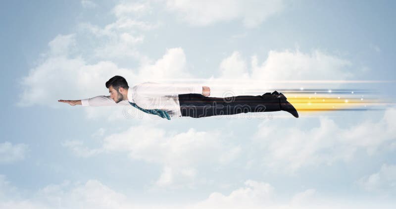 Happy Business Man Flying Fast on the Sky between Clouds Stock Photo ...