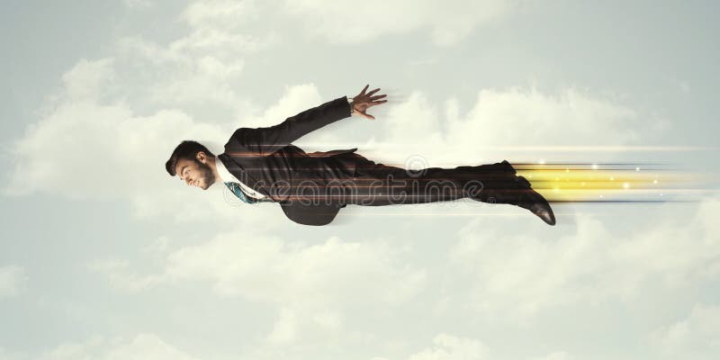 Happy Business Man Flying Fast on the Sky between Clouds Stock Photo ...