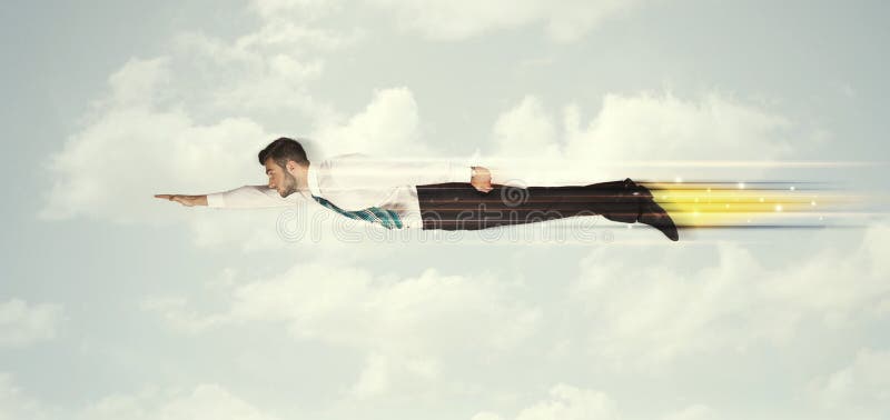 Happy Business Man Flying Fast on the Sky between Clouds Stock Image ...