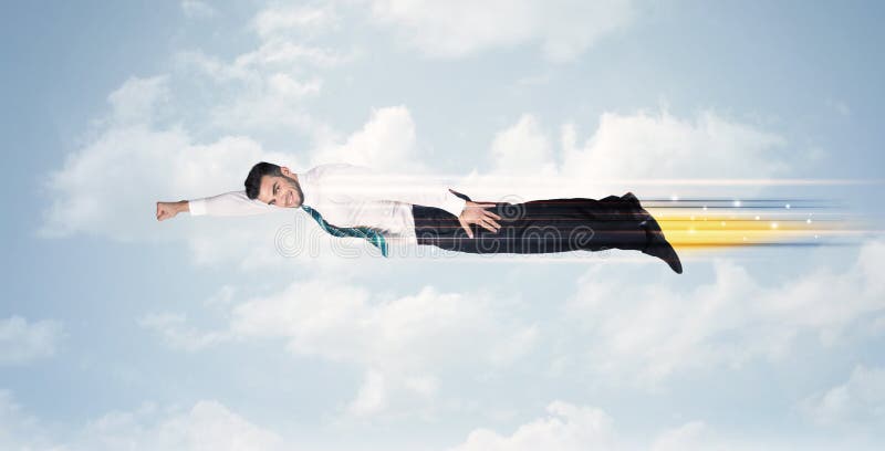 Happy Business Man Flying Fast on the Sky between Clouds Stock Photo ...