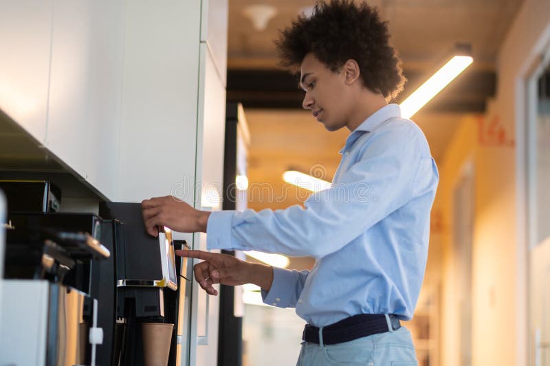 Happy Business Man Making Coffee at Coworking Modern Office Kitchen ...