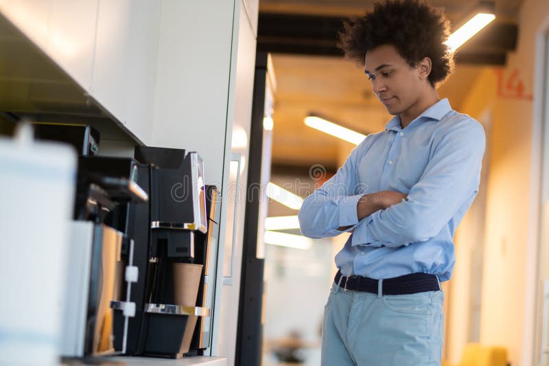 Happy Business Man Making Coffee at Coworking Modern Office Kitchen ...