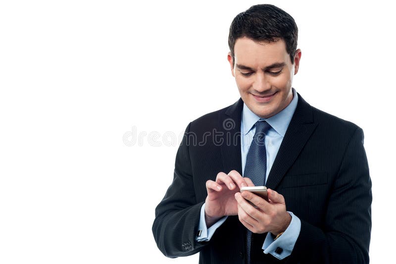 Cool Young Man Smiling with Mobile Phone on White Background Stock ...