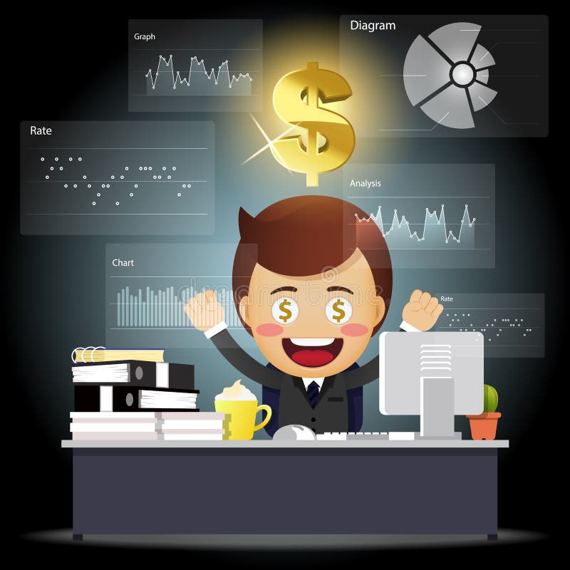 Happy Business Woman Working on Computer with Data Processing Stock ...