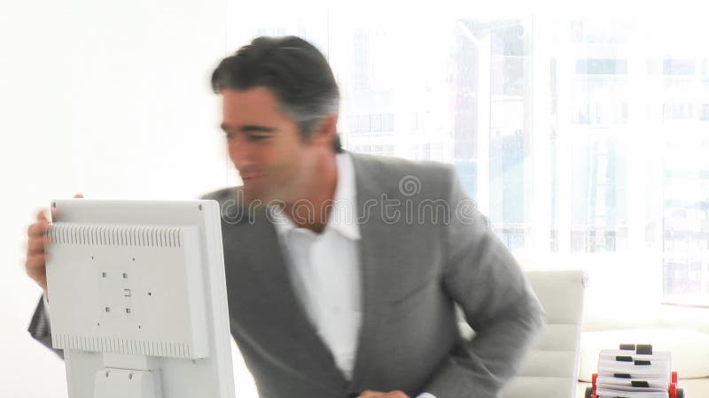 Happy Business Man Working at a Computer Stock Video - Video of person ...