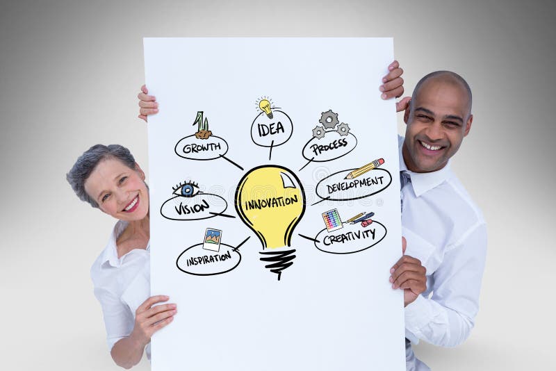 Happy Business People Holding Card with Illustration of Innovation ...