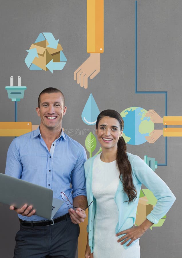 Business People at a Desk Using a Computer Against Grey Background with ...