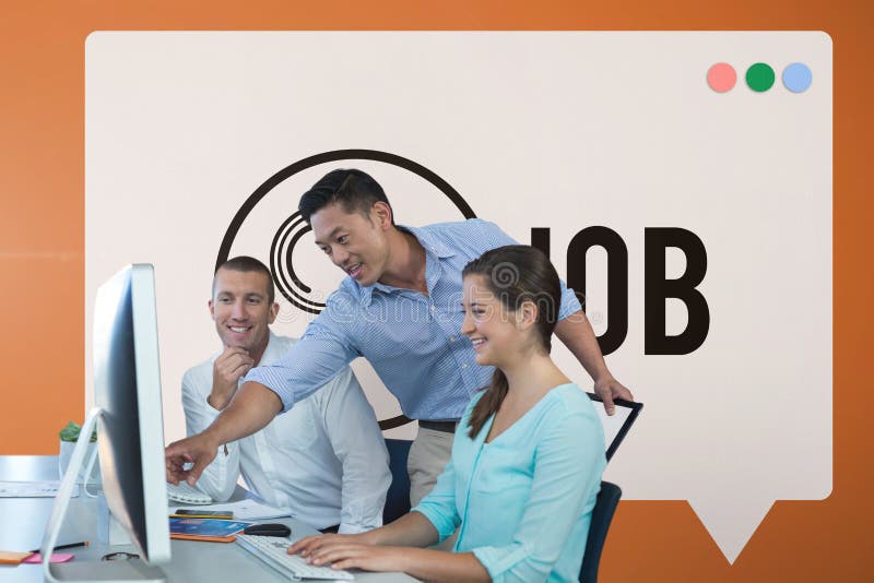 Happy Business People Looking at a Computer Against Orange Background ...