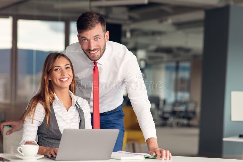 Happy Business People Working Together on Computer Stock Photo - Image ...