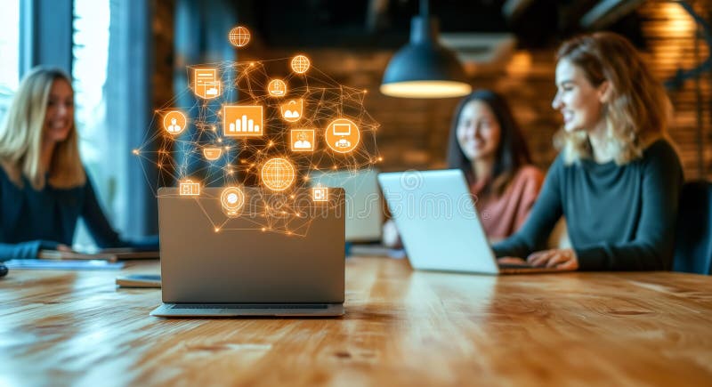 Happy Business Team Collaborating with Technology in Modern Workspace ...