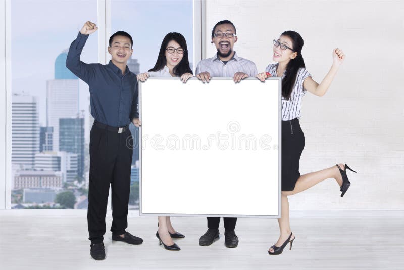 Happy Business Team Show Empty Whiteboard Stock Photo - Image of ...