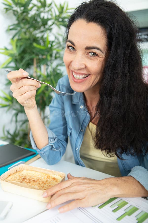 Happy Business Woman Having Lunch in Office Stock Image - Image of boss ...