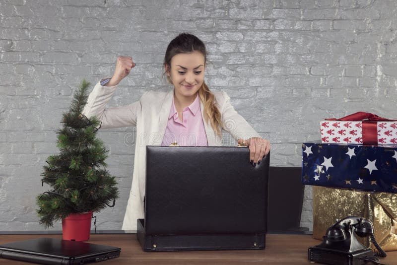 Happy Business Woman Opens a Briefcase at Work Stock Photo - Image of ...