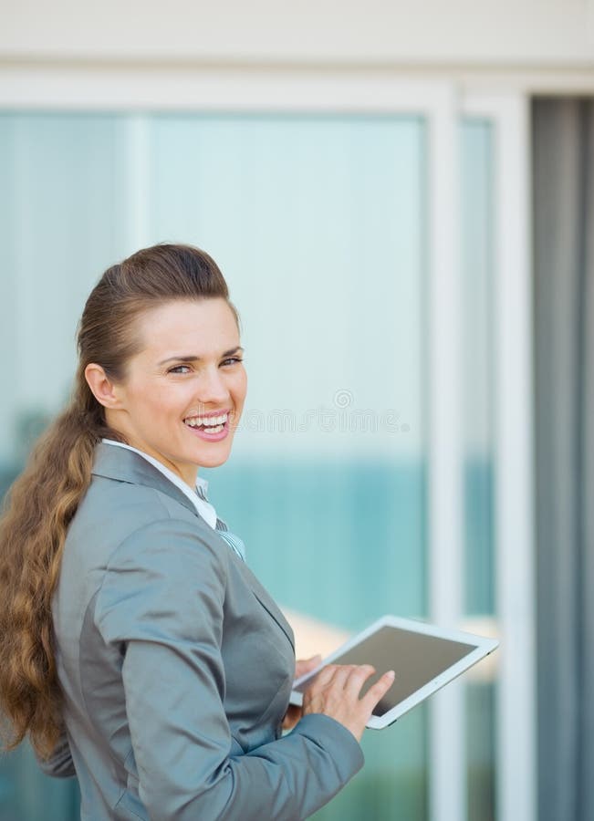 Happy Business Woman with Tablet Pc on Terrace Stock Image - Image of ...