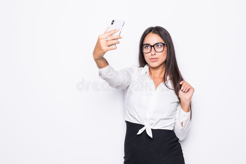 Happy Business Woman Taking Selfie Photo On Smartphone Isolated On