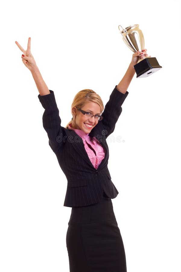 Happy Business Woman with Trophy Stock Image - Image of champion ...