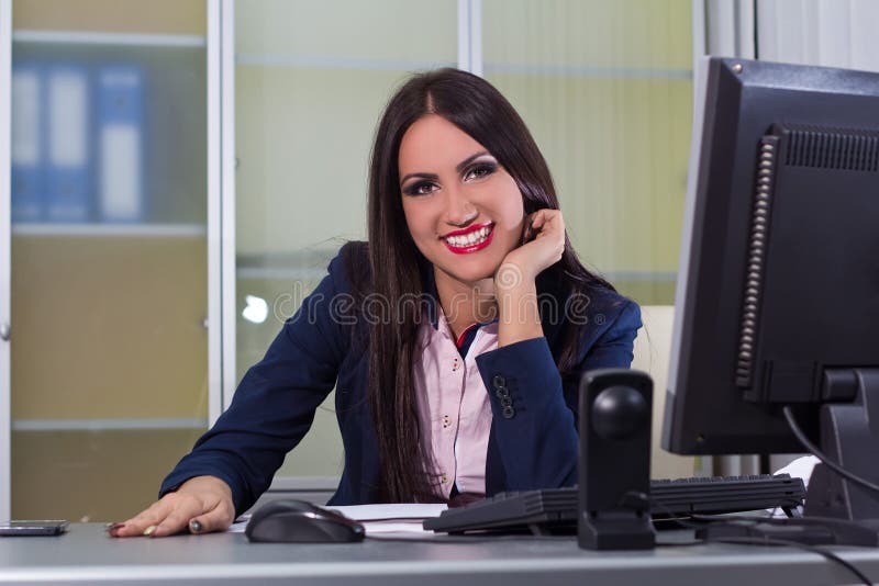Happy Business Woman Working on a Computer Stock Photo - Image of ...