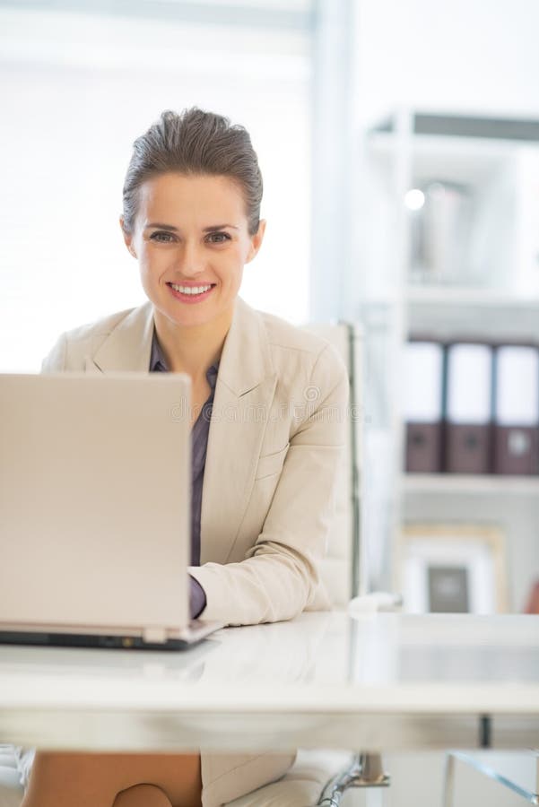 Happy Business Woman Working on Laptop in Office Stock Image - Image of ...