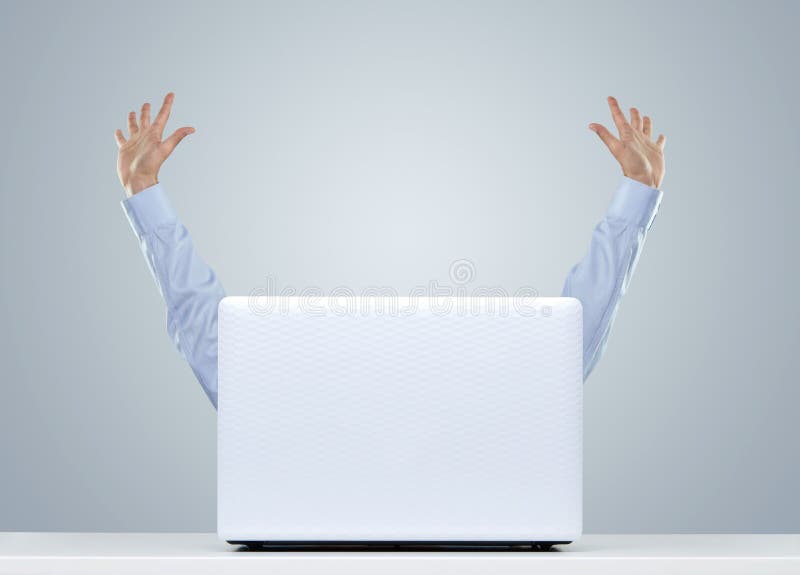 Happy man behind computer stock photo. Image of balding - 13087962