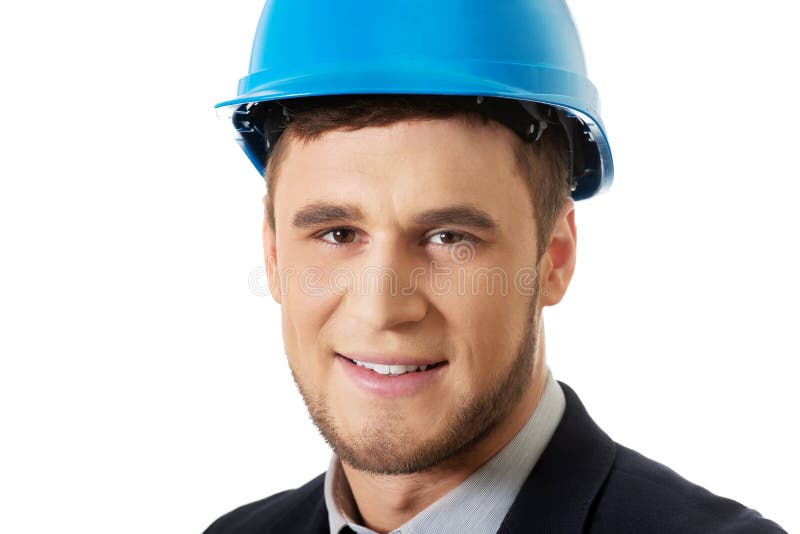 Happy Businessman with Blue Hard Hat. Stock Photo - Image of portrait ...