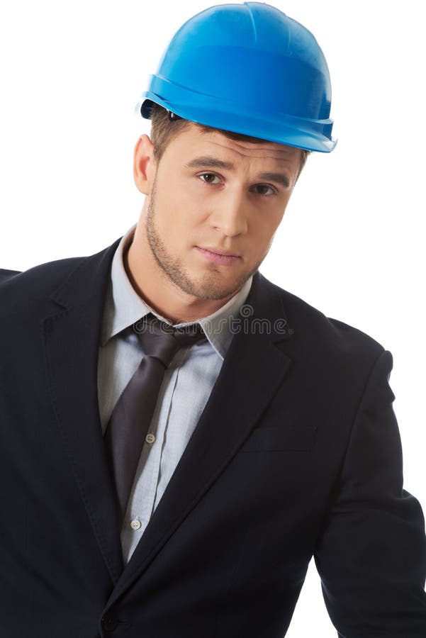 Happy Businessman with Blue Hard Hat. Stock Image - Image of handsome ...