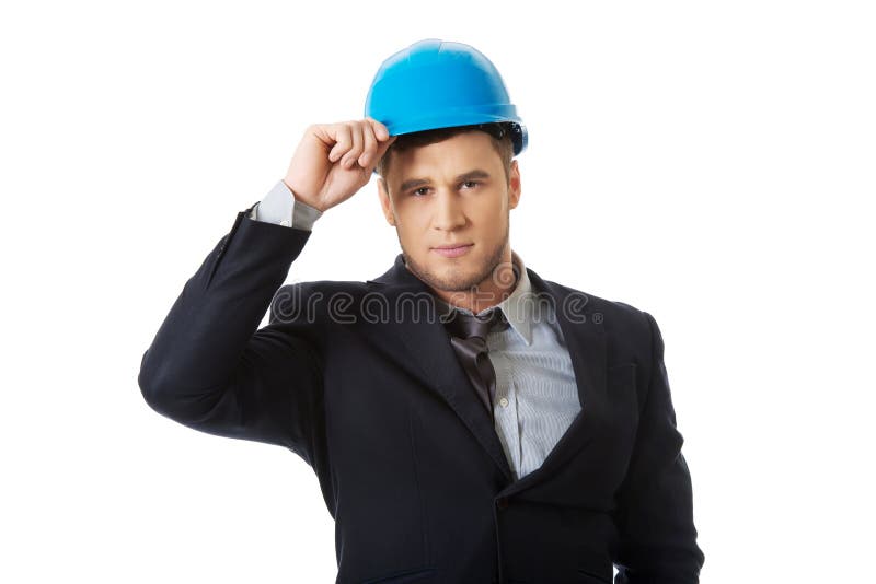 Happy Businessman with Blue Hard Hat. Stock Image - Image of caucasian ...
