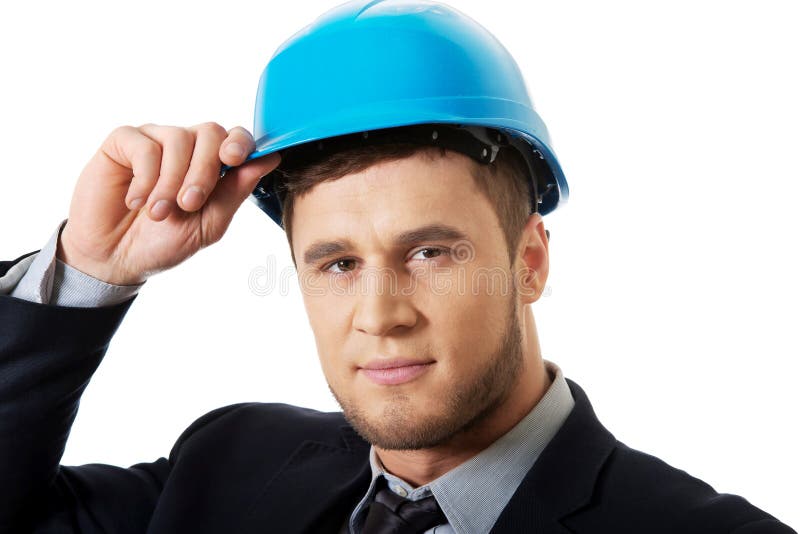 Happy Businessman with Blue Hard Hat. Stock Photo - Image of smile ...