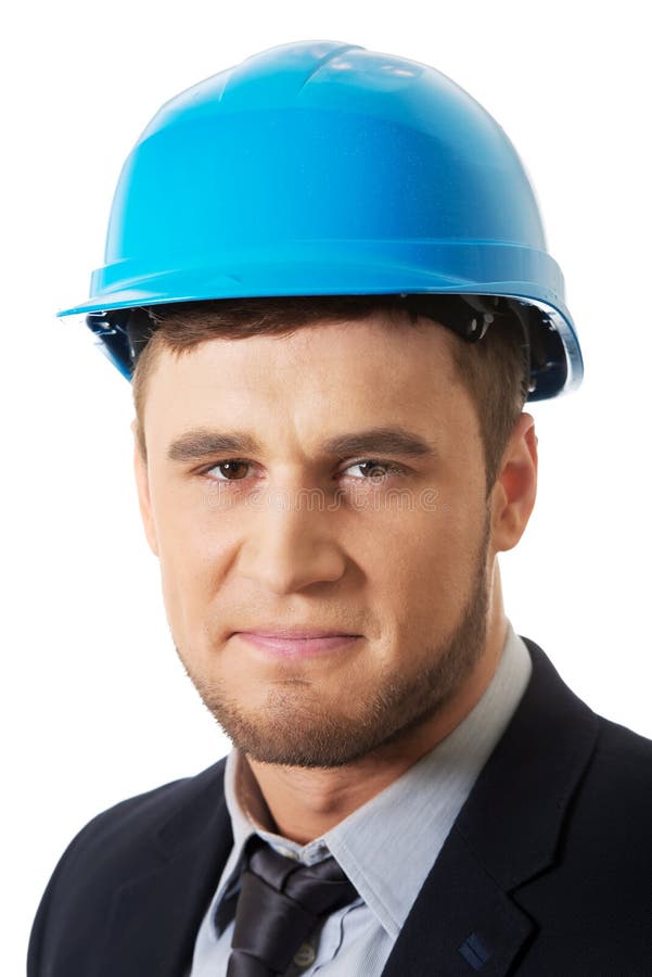 Happy Businessman with Blue Hard Hat. Stock Image - Image of foreman ...