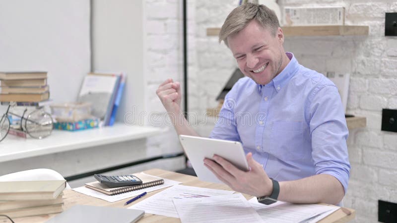 Happy Businessman Celebrating Success on Tablet Stock Image - Image of ...