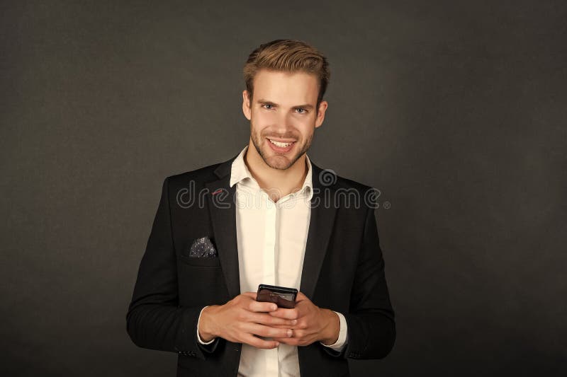 Happy Businessman Checking Email on Smartphone, Agile Business Stock ...